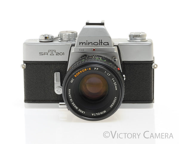 Minolta SRT 201 Chrome 35mm Camera w/ 50mm f1.7 Lens -New Seals- [EXC]